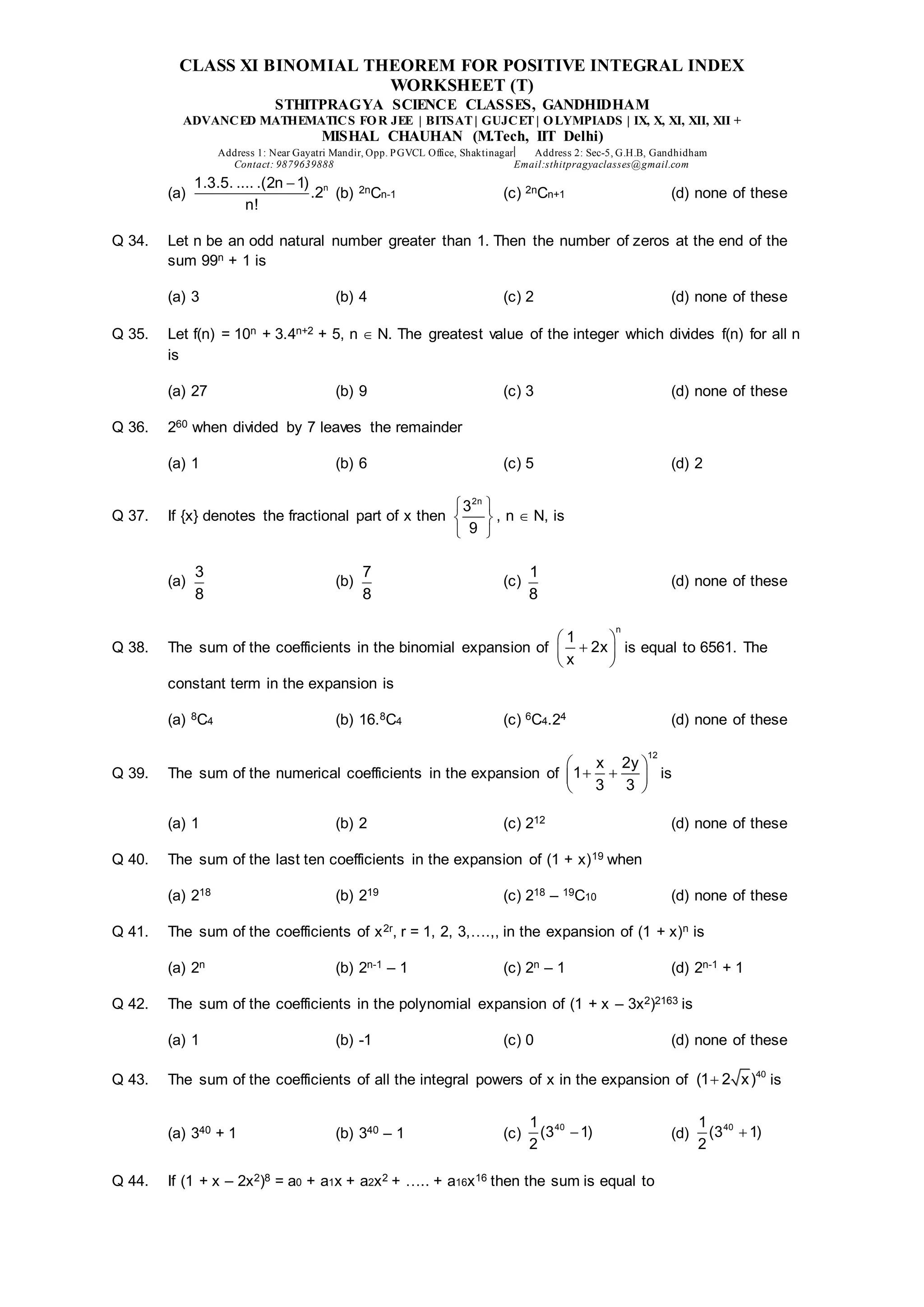 Class xi binomial theorem worksheet (t) | DOCX