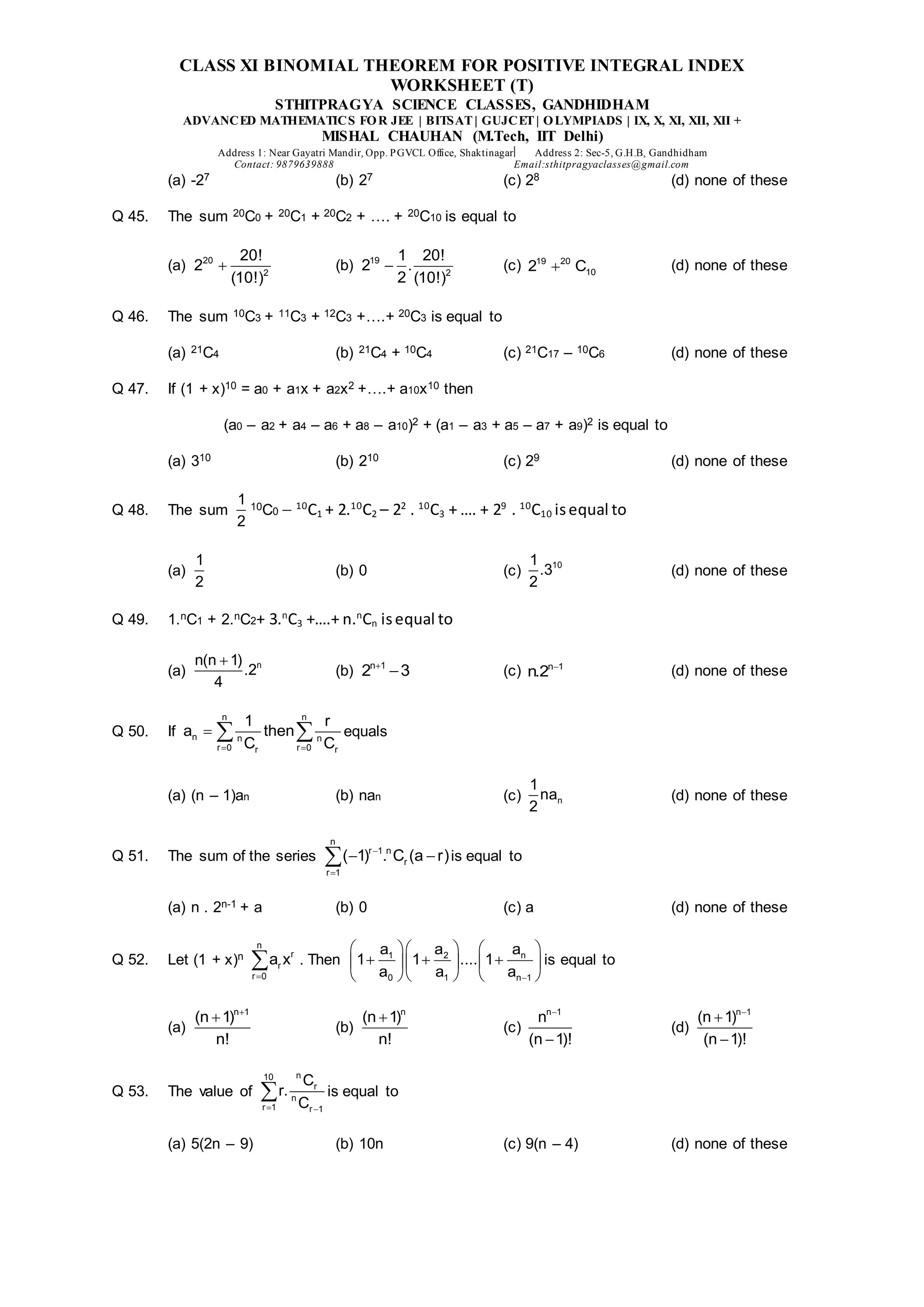 Class xi binomial theorem worksheet (t) | DOCX