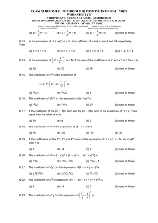 Class xi binomial theorem worksheet (t) | DOCX
