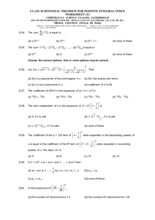 Class xi binomial theorem worksheet (t) | DOCX