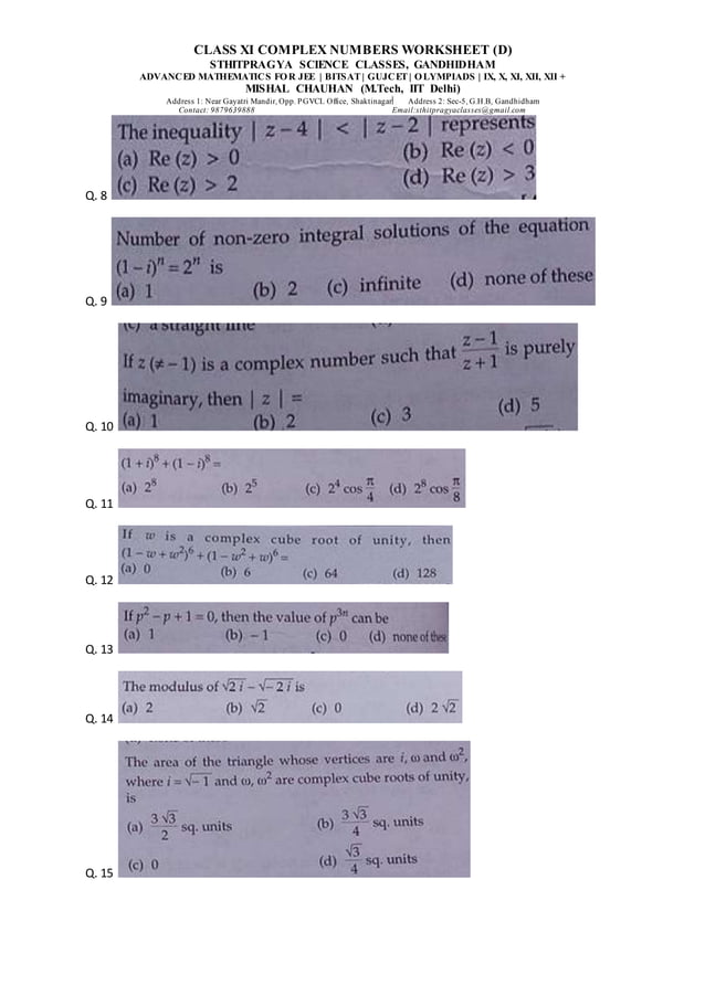 Class xi complex numbers worksheet (d) | DOCX
