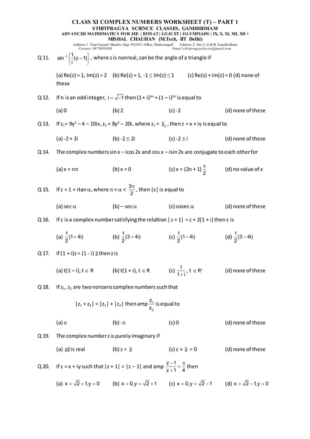 Class xi complex numbers worksheet (t) part 1 | DOCX | Homework and Study | Education