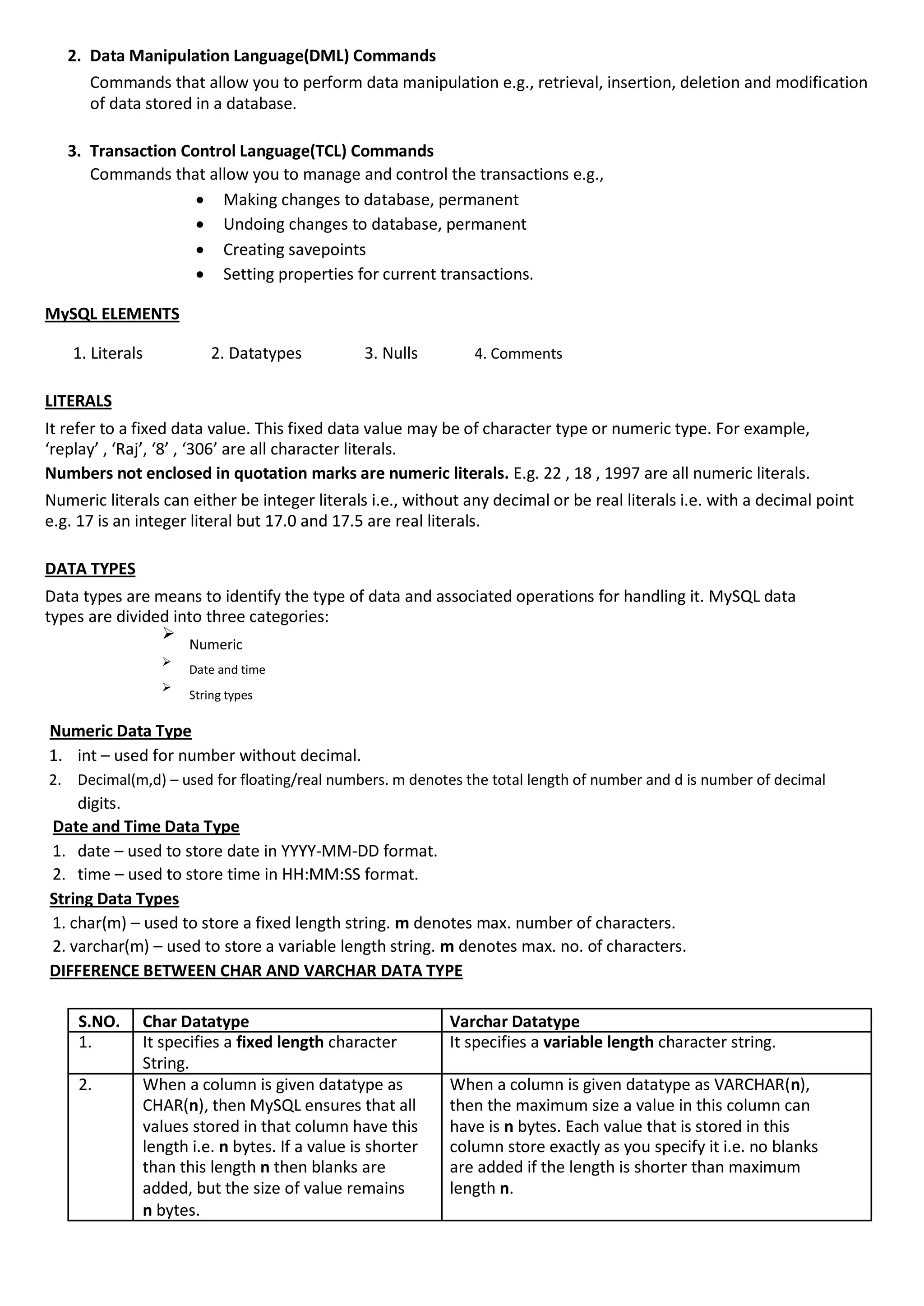 Class Xii Unit Iii Sql And Mysql Notes0pdf