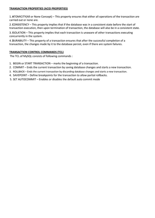 Class Xii Unit Iii Sql And Mysql Notes0pdf
