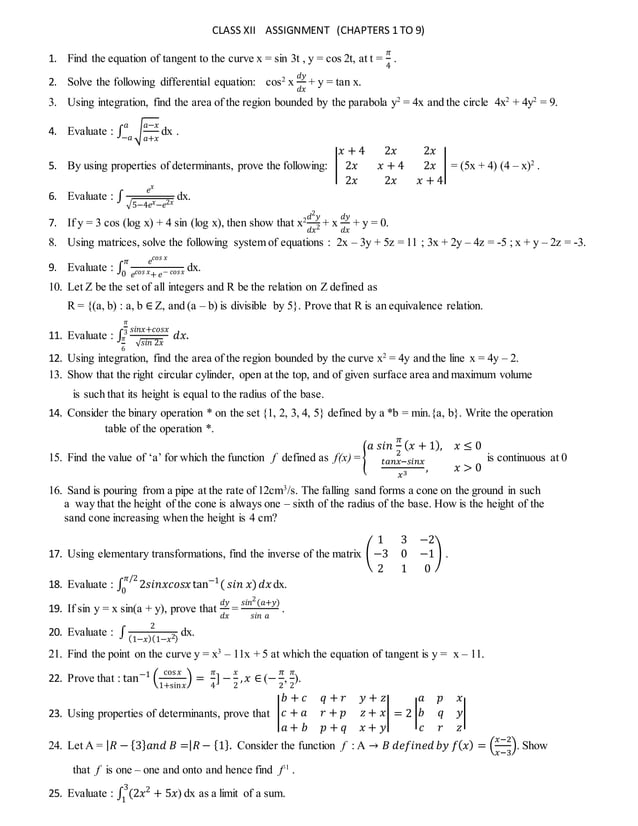 Class XII assignment chapters (1 to 9) | PDF