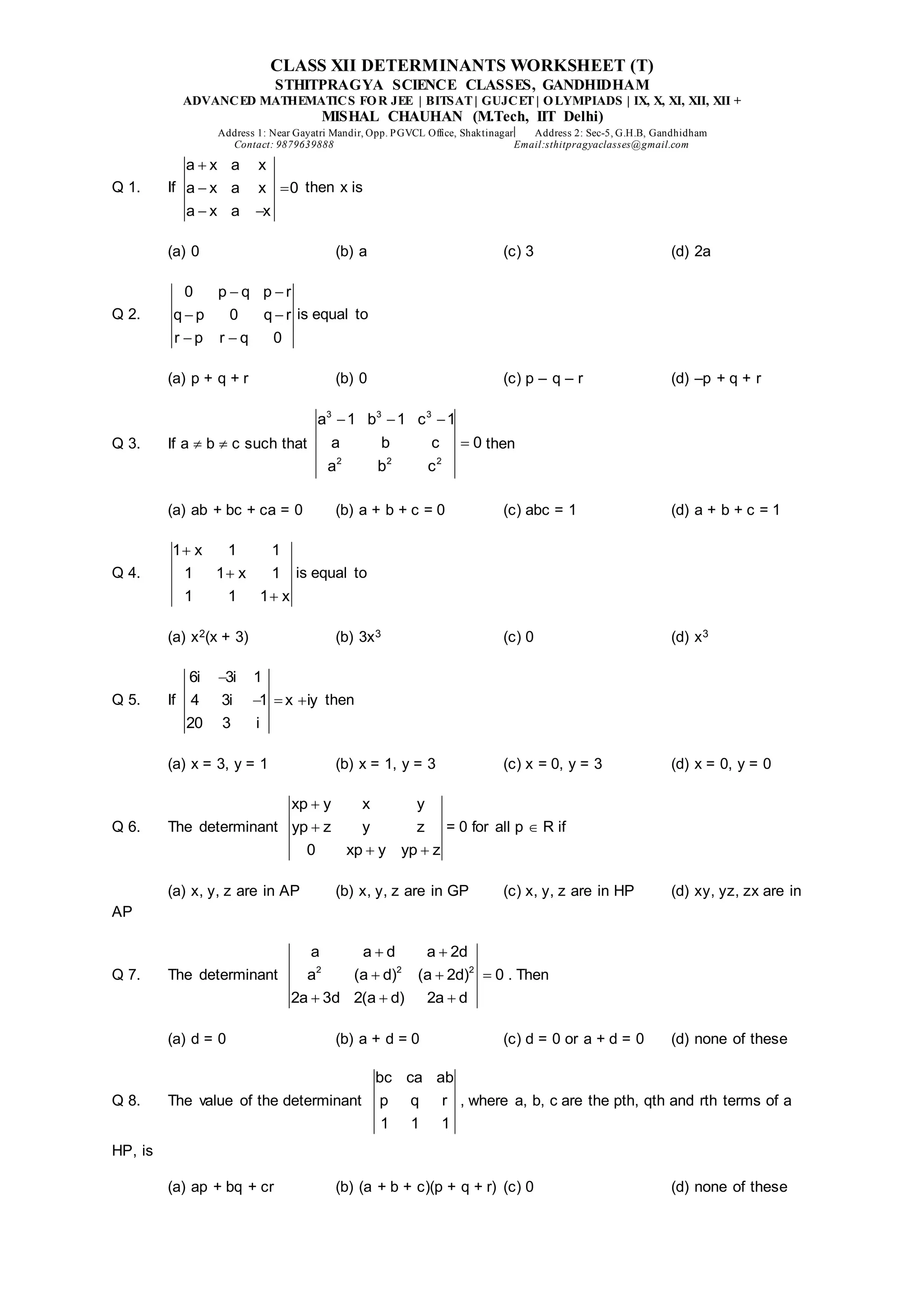 Class xii determinants revision worksheet (t) | DOCX
