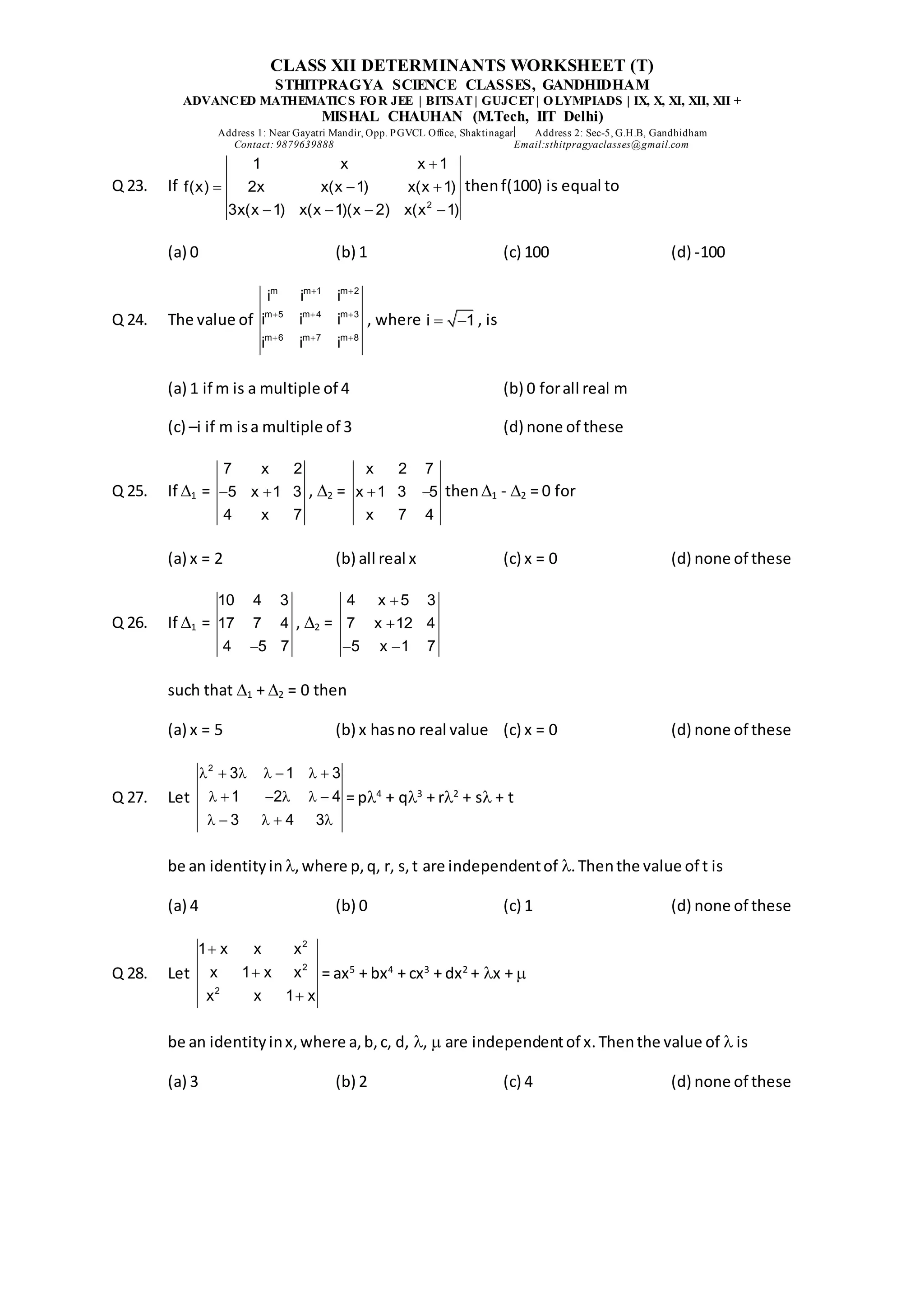 Class xii determinants revision worksheet (t) | DOCX