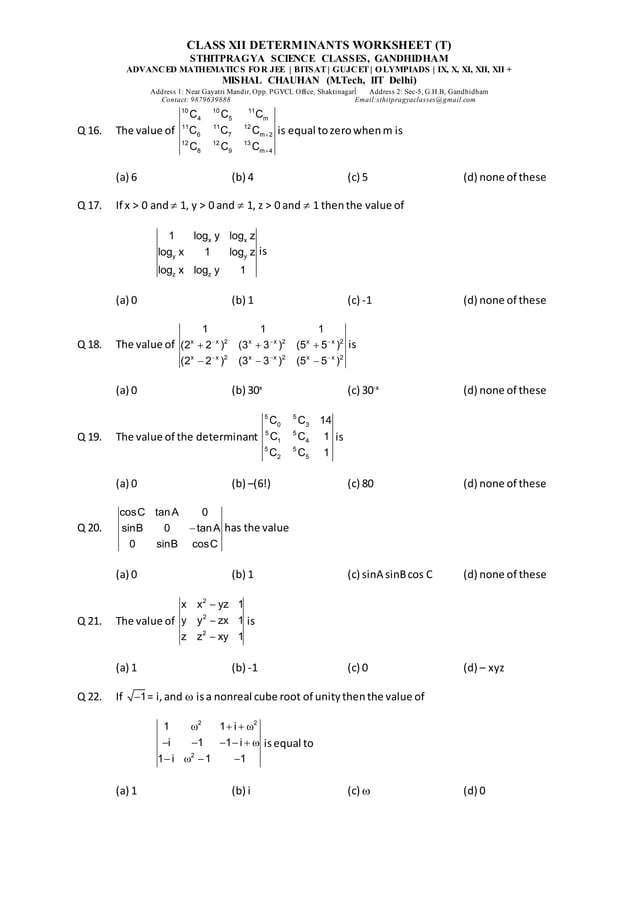 Class xii determinants revision worksheet (t) | DOCX | Education