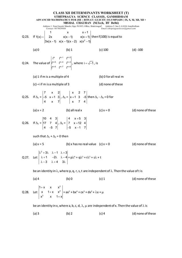 Class xii determinants revision worksheet (t) | DOCX | Education