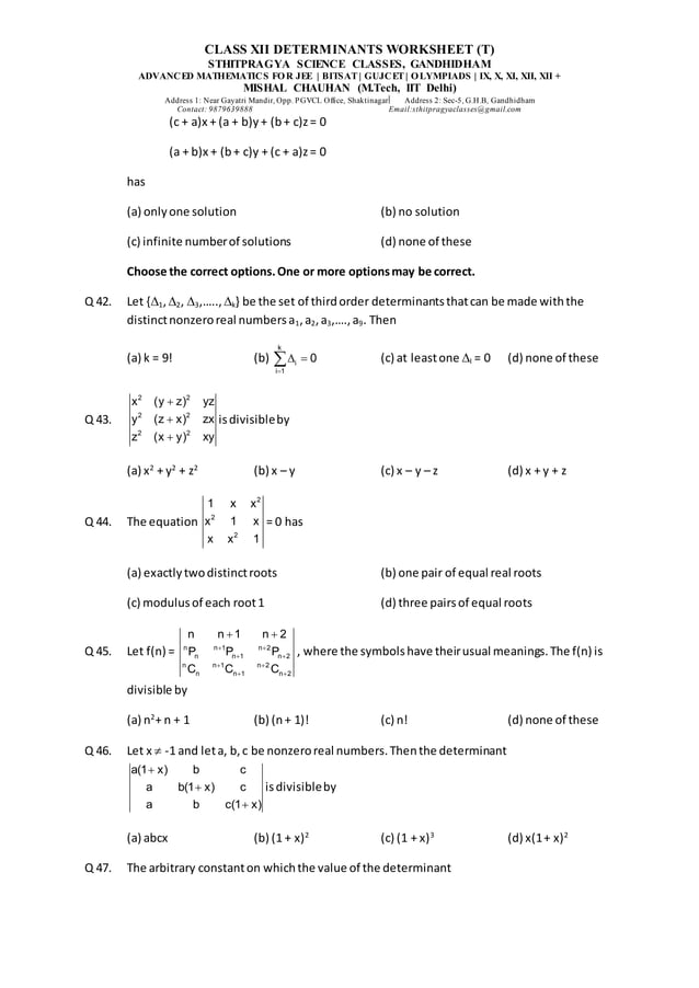 Class xii determinants revision worksheet (t) | DOCX | Education