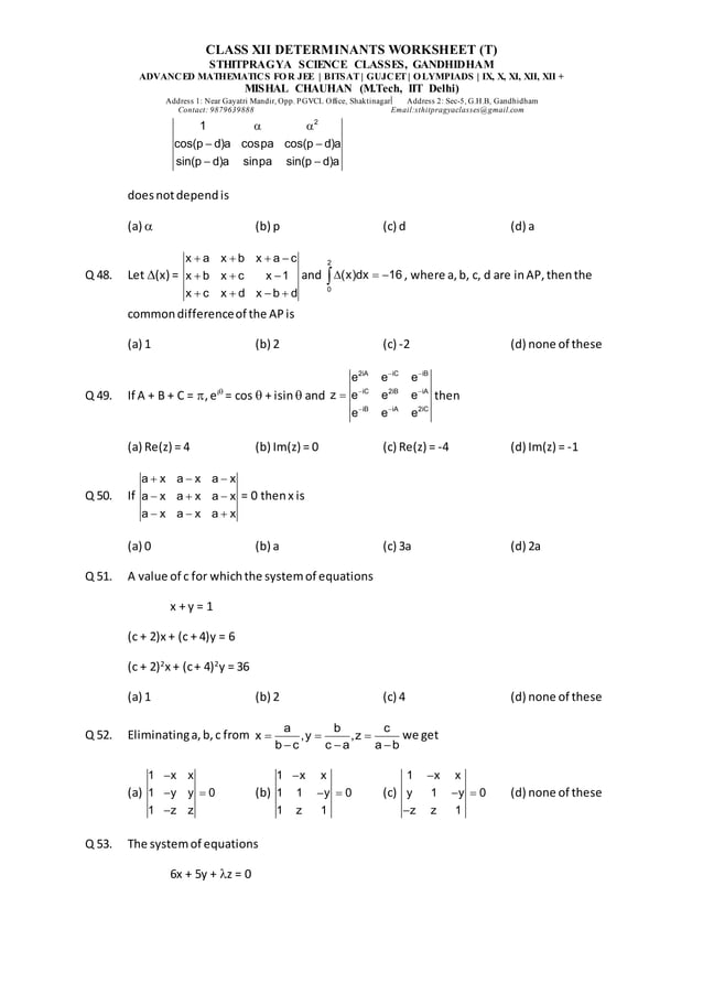 Class xii determinants revision worksheet (t) | DOCX | Education