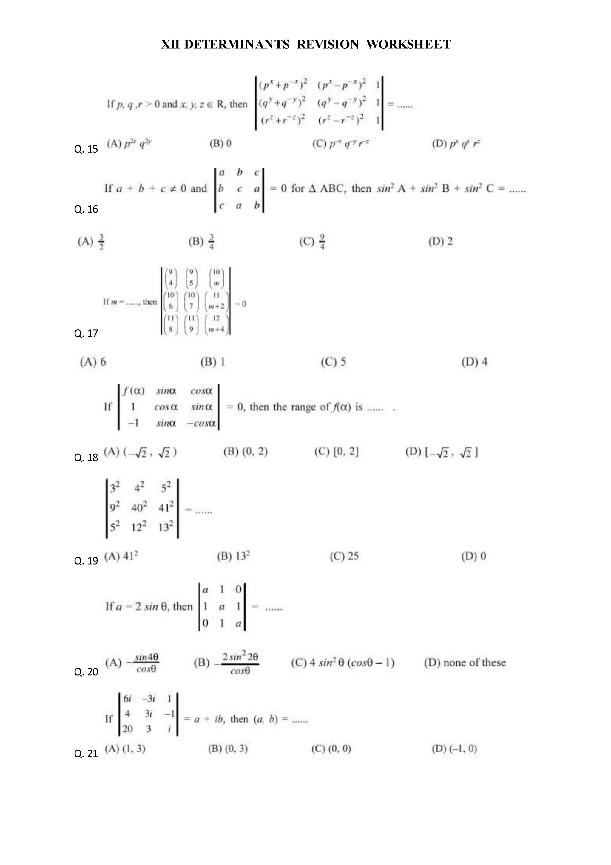 CLASS XII DETERMINANTS WORKSHEET | DOCX
