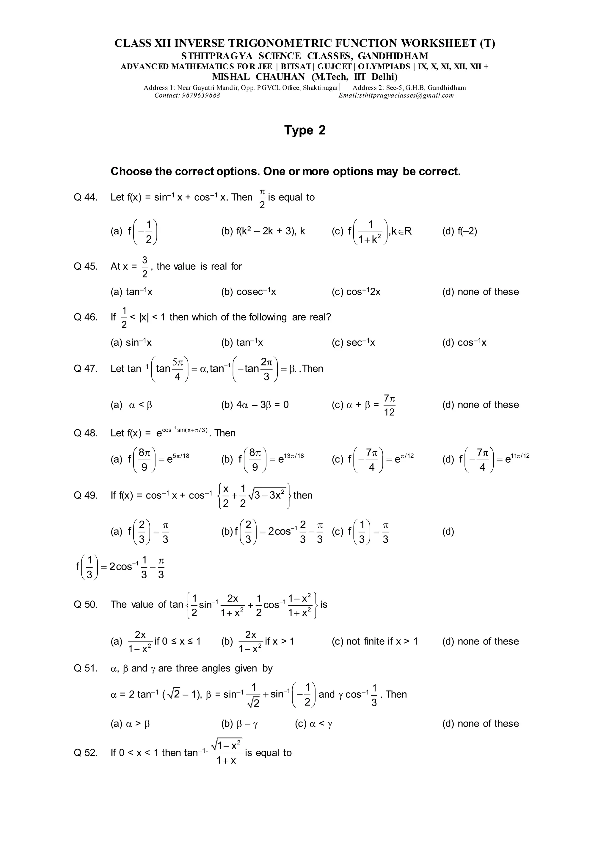 Class xii inverse trigonometric function worksheet (t) | DOCX
