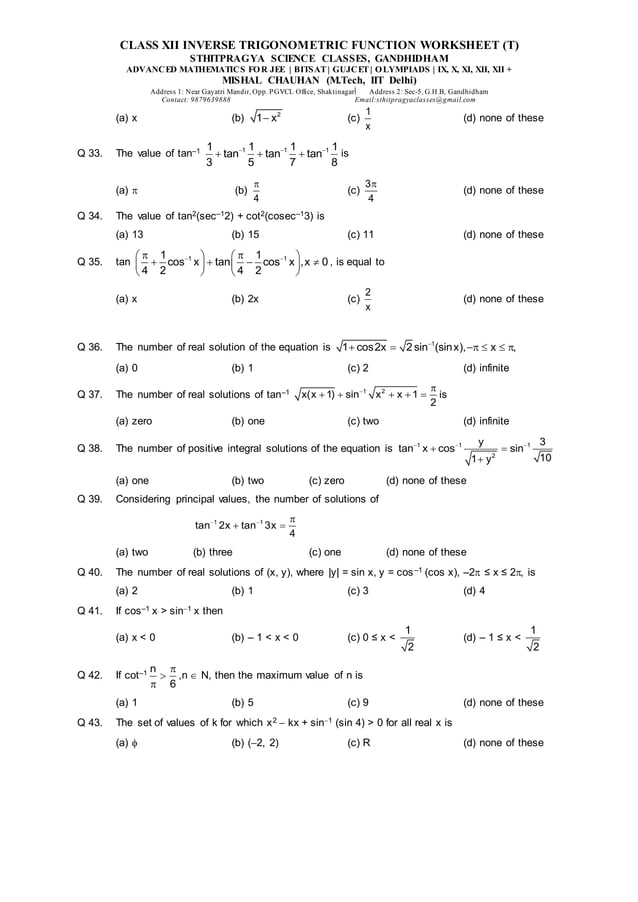 Class xii inverse trigonometric function worksheet (t) | DOCX