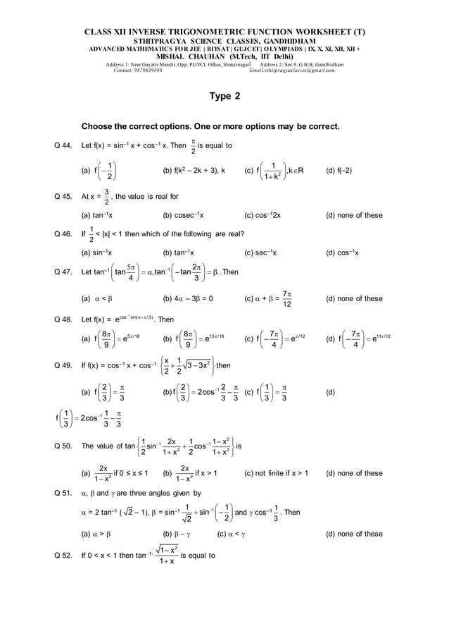 Class xii inverse trigonometric function worksheet (t) | DOCX