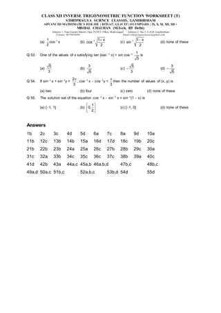 Class xii inverse trigonometric function worksheet (t) | DOCX