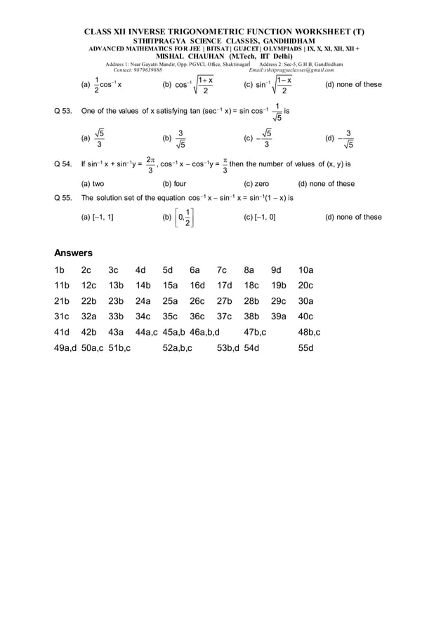Class xii inverse trigonometric function worksheet (t) | DOCX