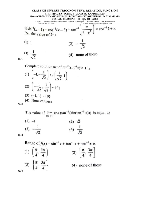 Class XII Inverse Trigo, Relation, Function worksheet | DOCX ...