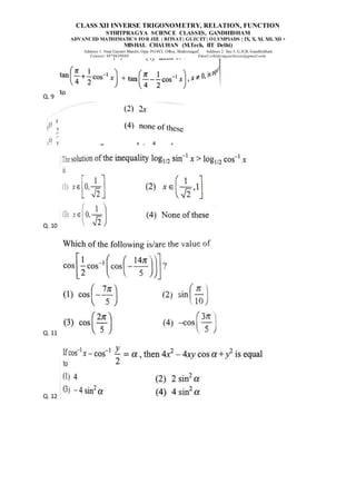 Class XII Inverse Trigo, Relation, Function worksheet | DOCX