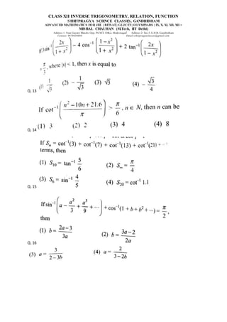 Class XII Inverse Trigo, Relation, Function worksheet | DOCX | Educational Assessment | Education