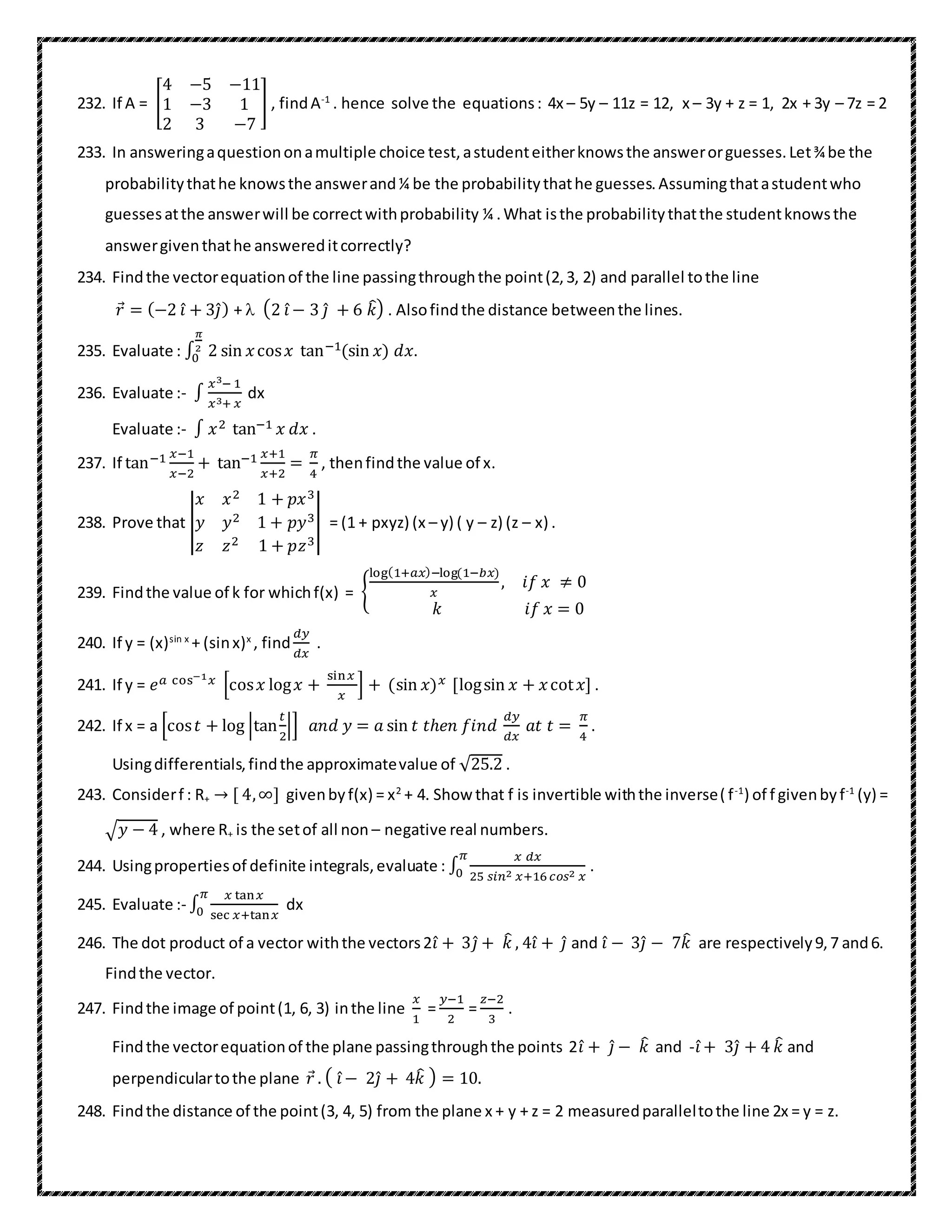 Class XII Mathematics long assignment | DOCX