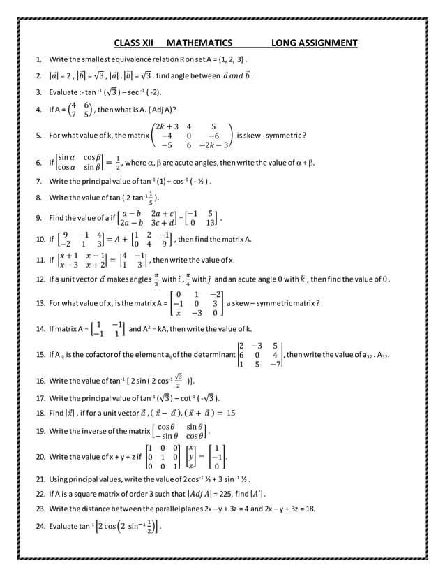 Class XII Mathematics long assignment | PDF