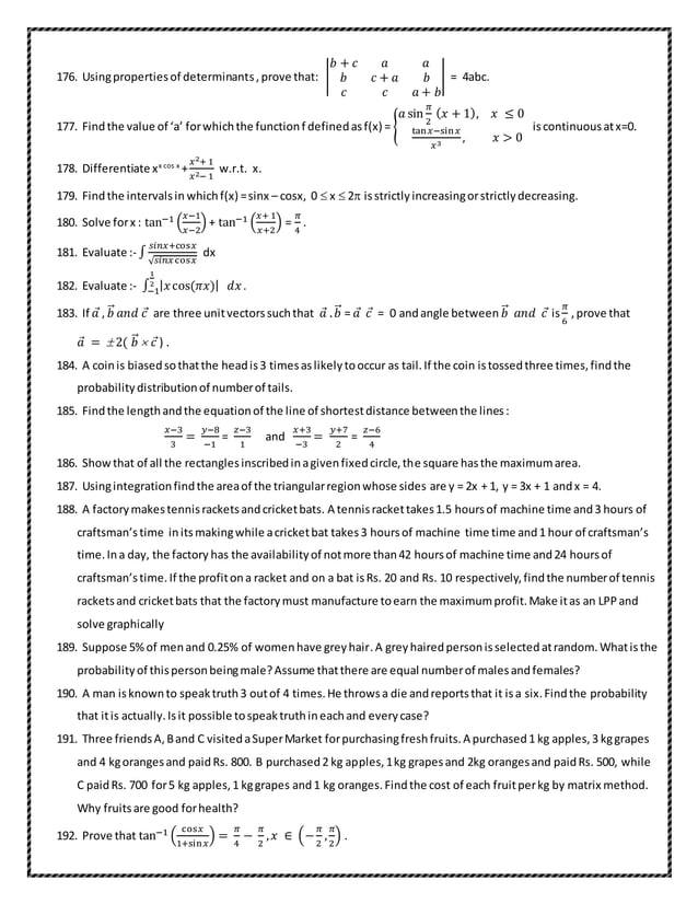 Class XII Mathematics long assignment | PDF