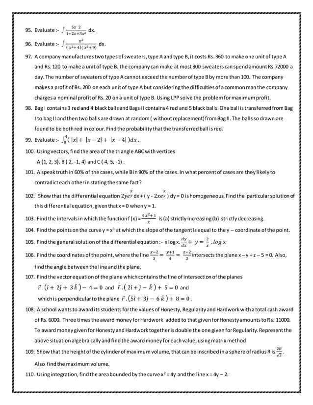 Class XII Mathematics long assignment | PDF