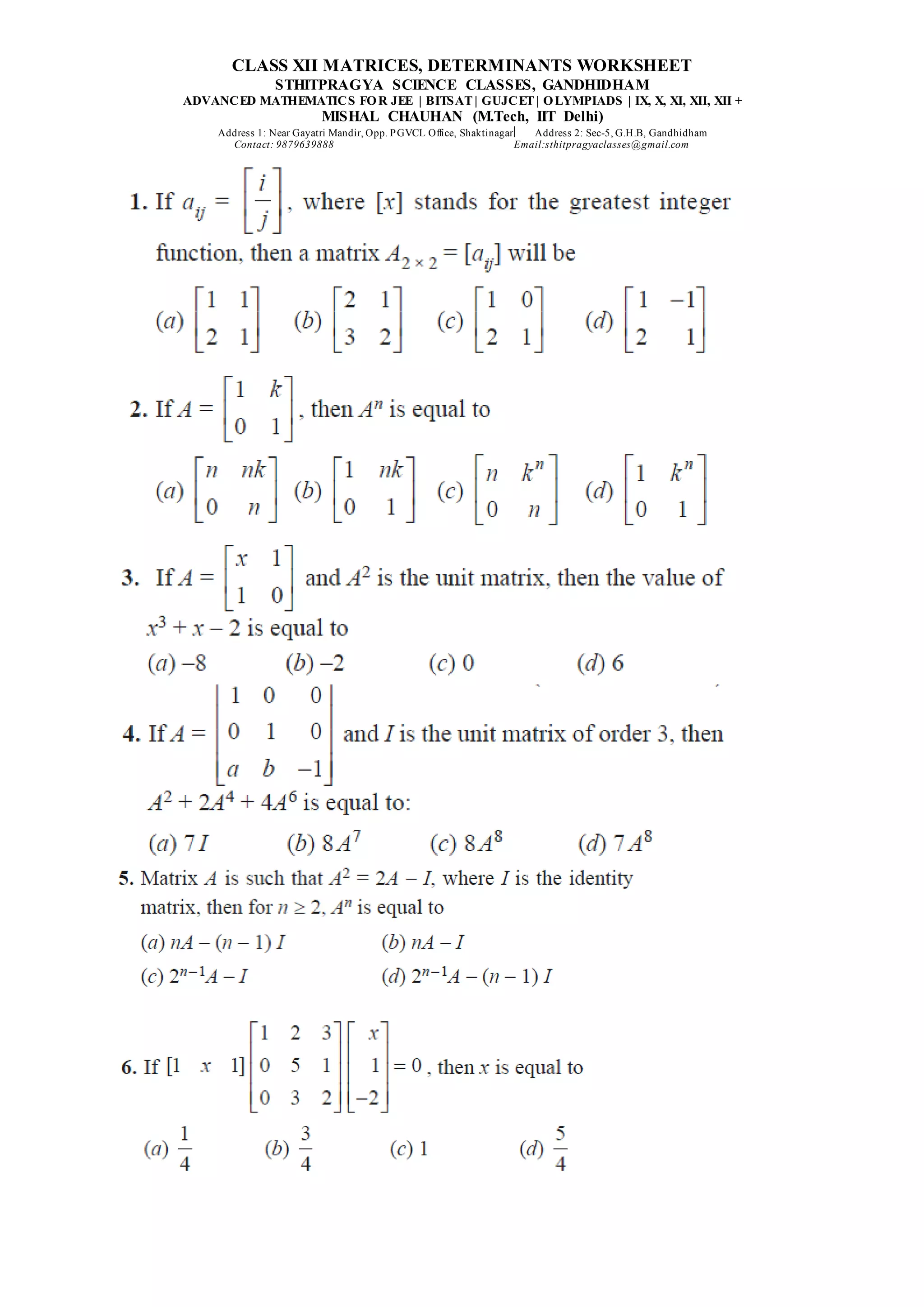 Class xii matrices, determinants worksheet 2 | DOCX
