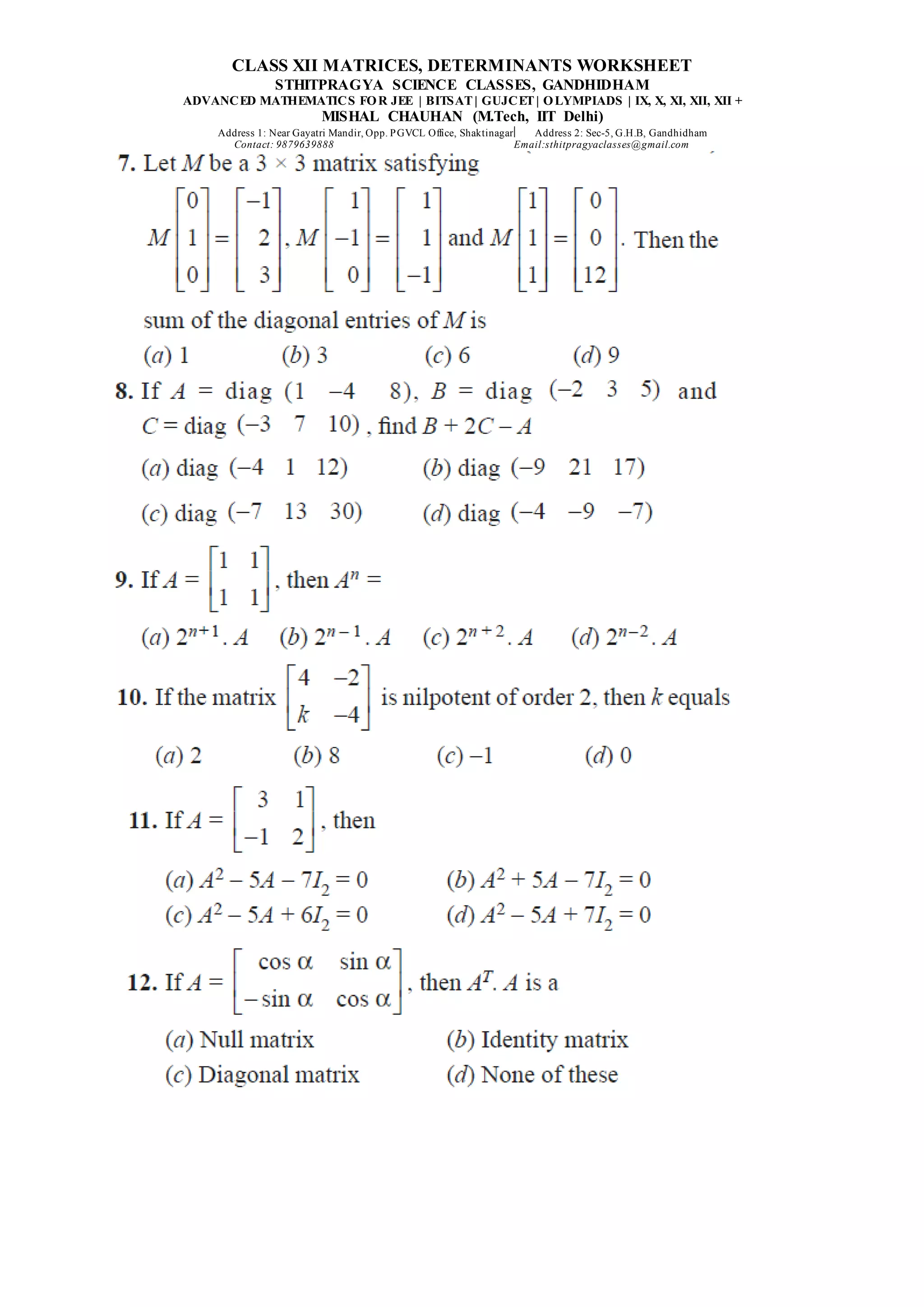 Class xii matrices, determinants worksheet 2 | DOCX