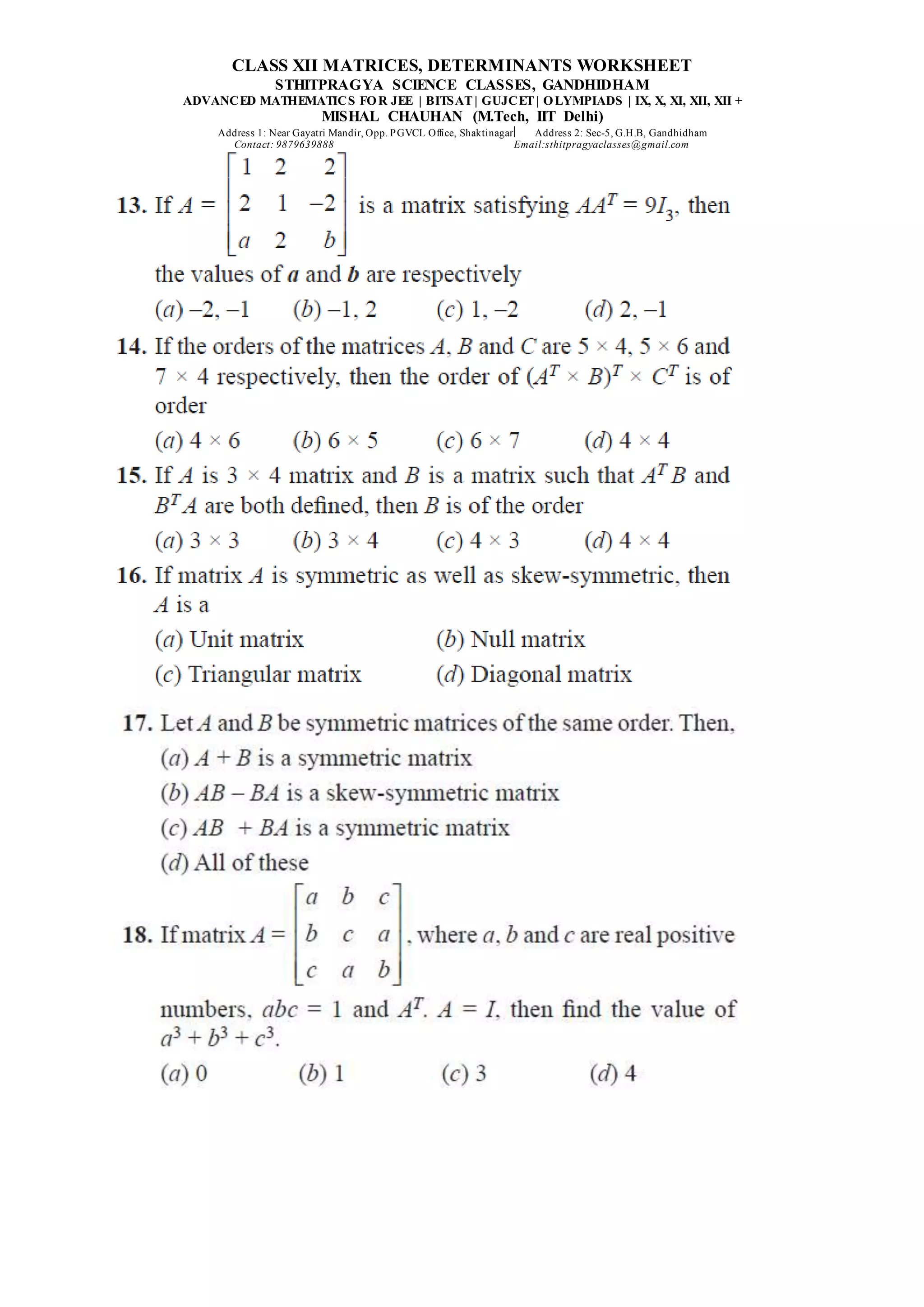 Class xii matrices, determinants worksheet 2 | DOCX