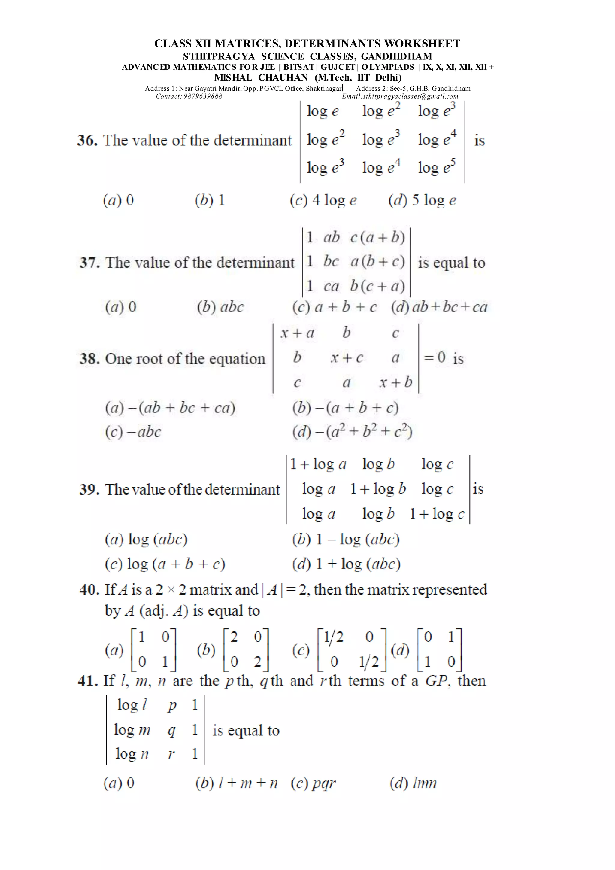 Class xii matrices, determinants worksheet 2 | DOCX