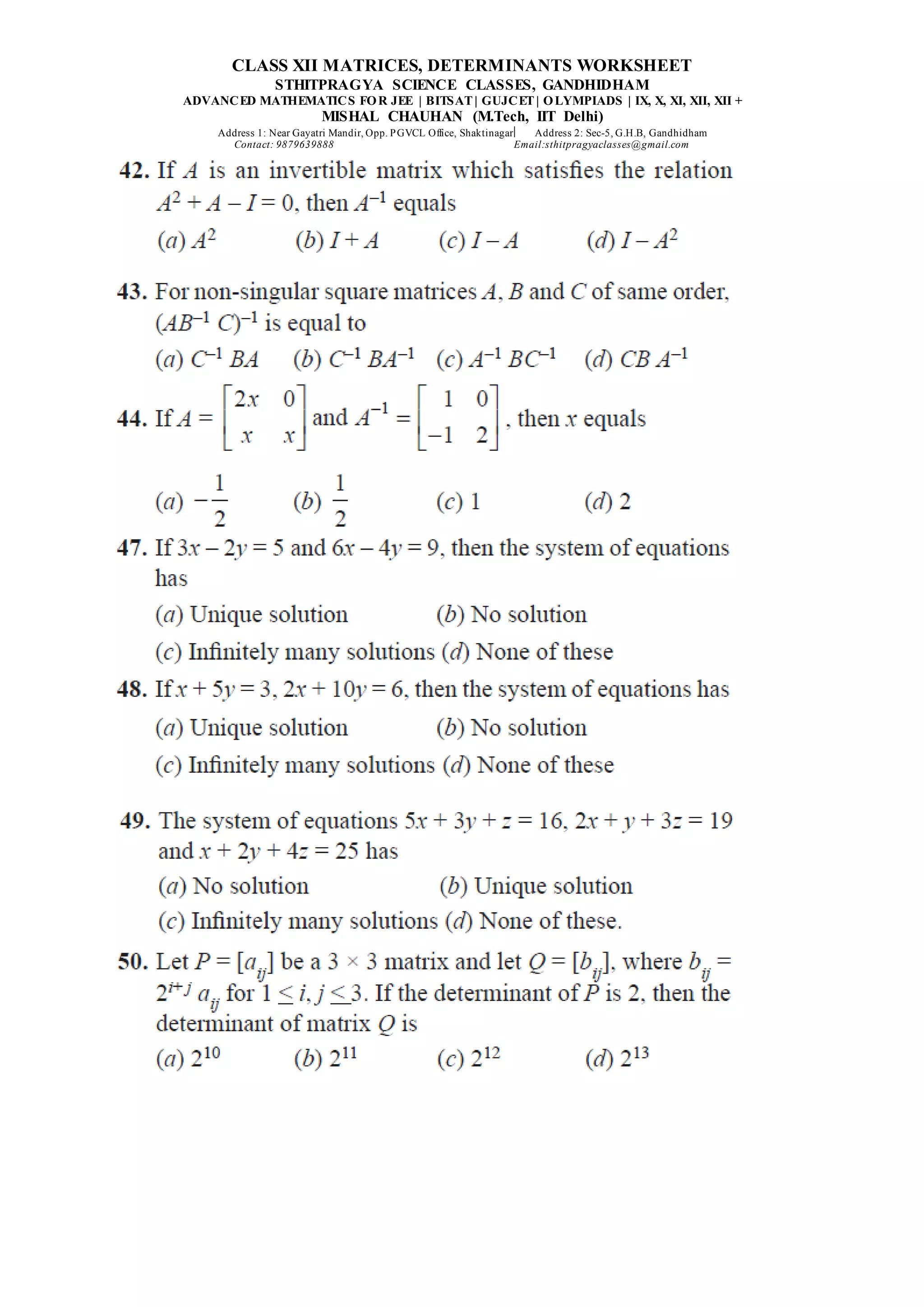 Class xii matrices, determinants worksheet 2 | DOCX
