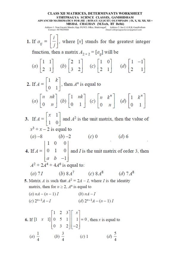 Class xii matrices, determinants worksheet 2 | DOCX