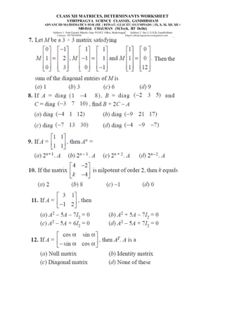 Class xii matrices, determinants worksheet 2 | DOCX