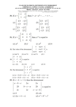 Class xii matrices, determinants worksheet 2 | DOCX