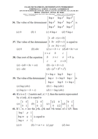 Class xii matrices, determinants worksheet 2 | DOCX