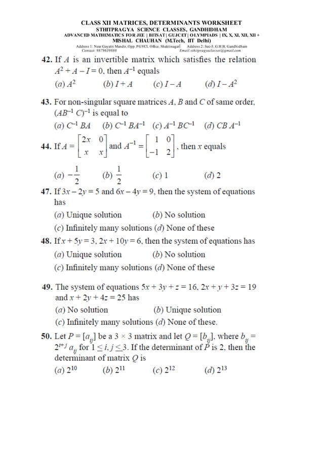 Class xii matrices, determinants worksheet 2 | DOCX