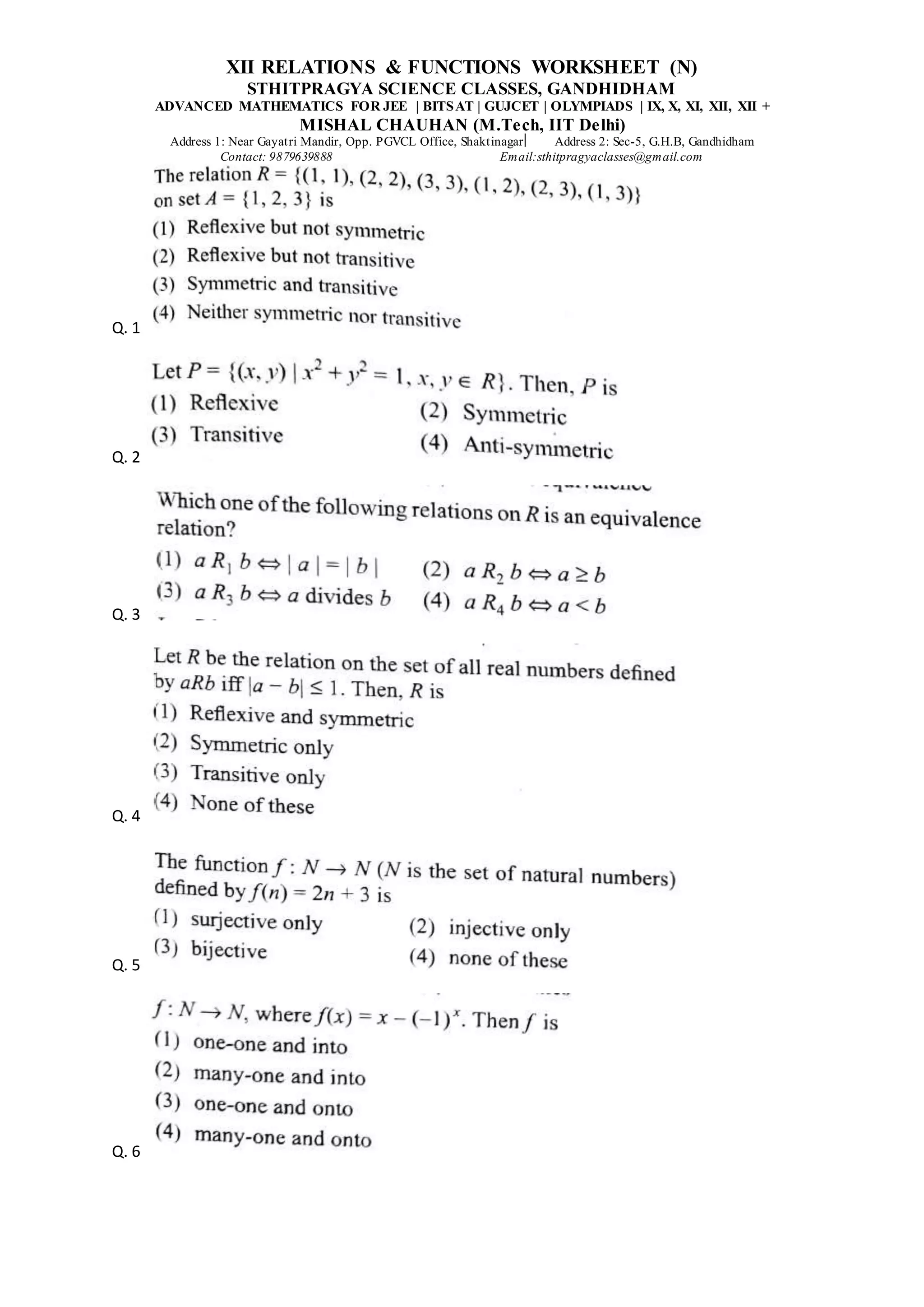 Class Xii Relations And Functions N Worksheet Pdf