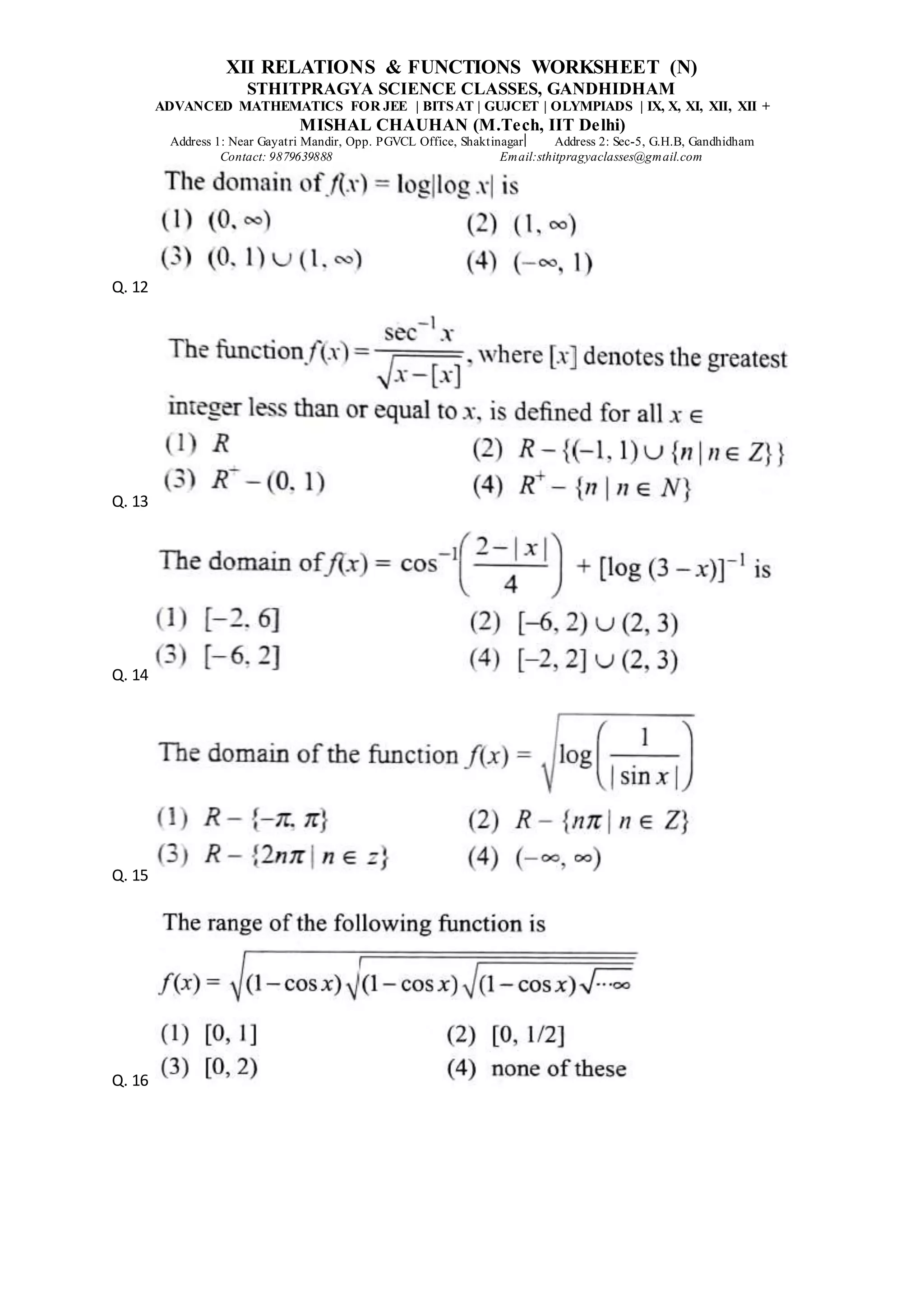 Class xii Relations and Functions (n) worksheet | PDF