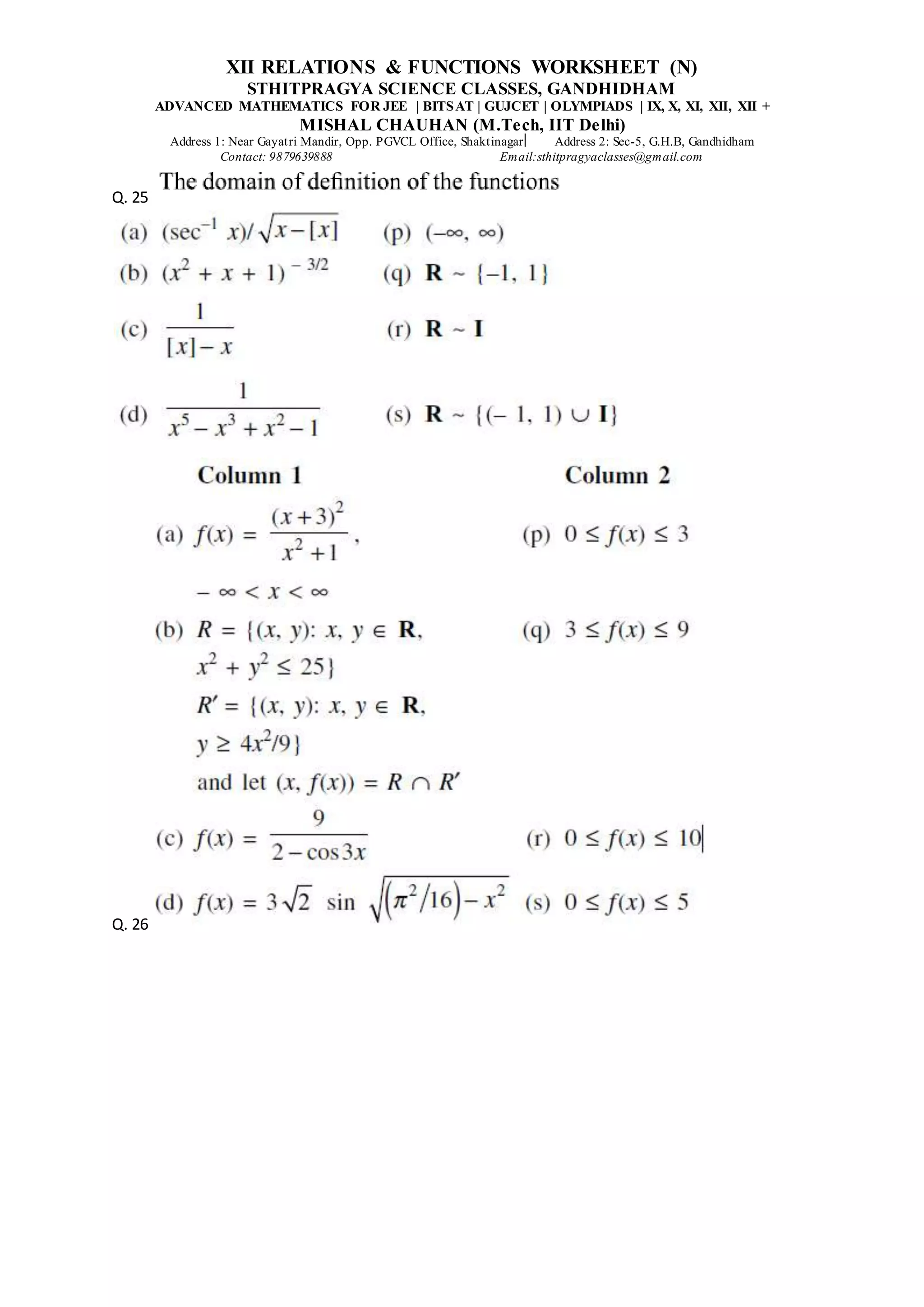 Class xii Relations and Functions (n) worksheet | PDF