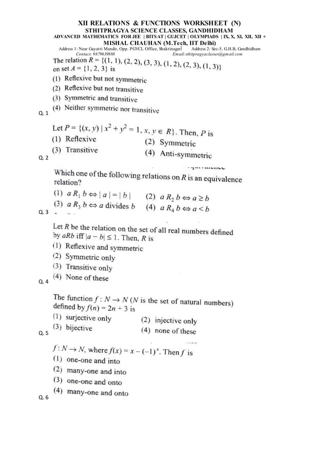Class xii Relations and Functions (n) worksheet | PDF