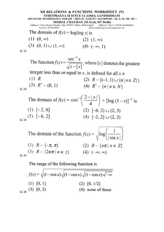 Class xii Relations and Functions (n) worksheet | PDF