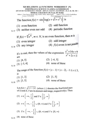 Class xii Relations and Functions (n) worksheet | PDF