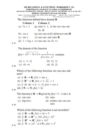 Class xii Relations and Functions (n) worksheet | PDF