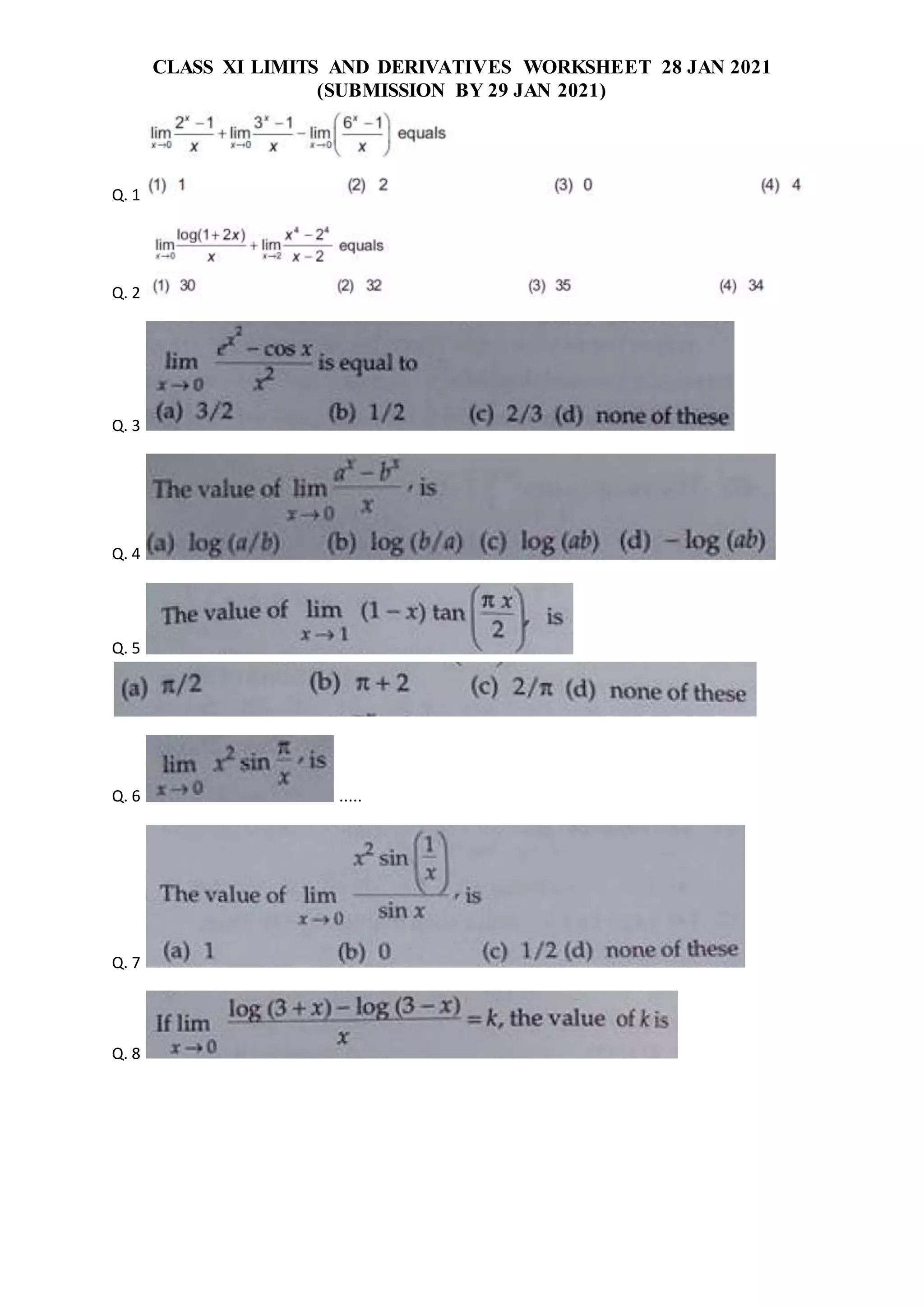 CLASS XI LIMITS AND DERIVATIVES WORKSHEET 2 | PDF