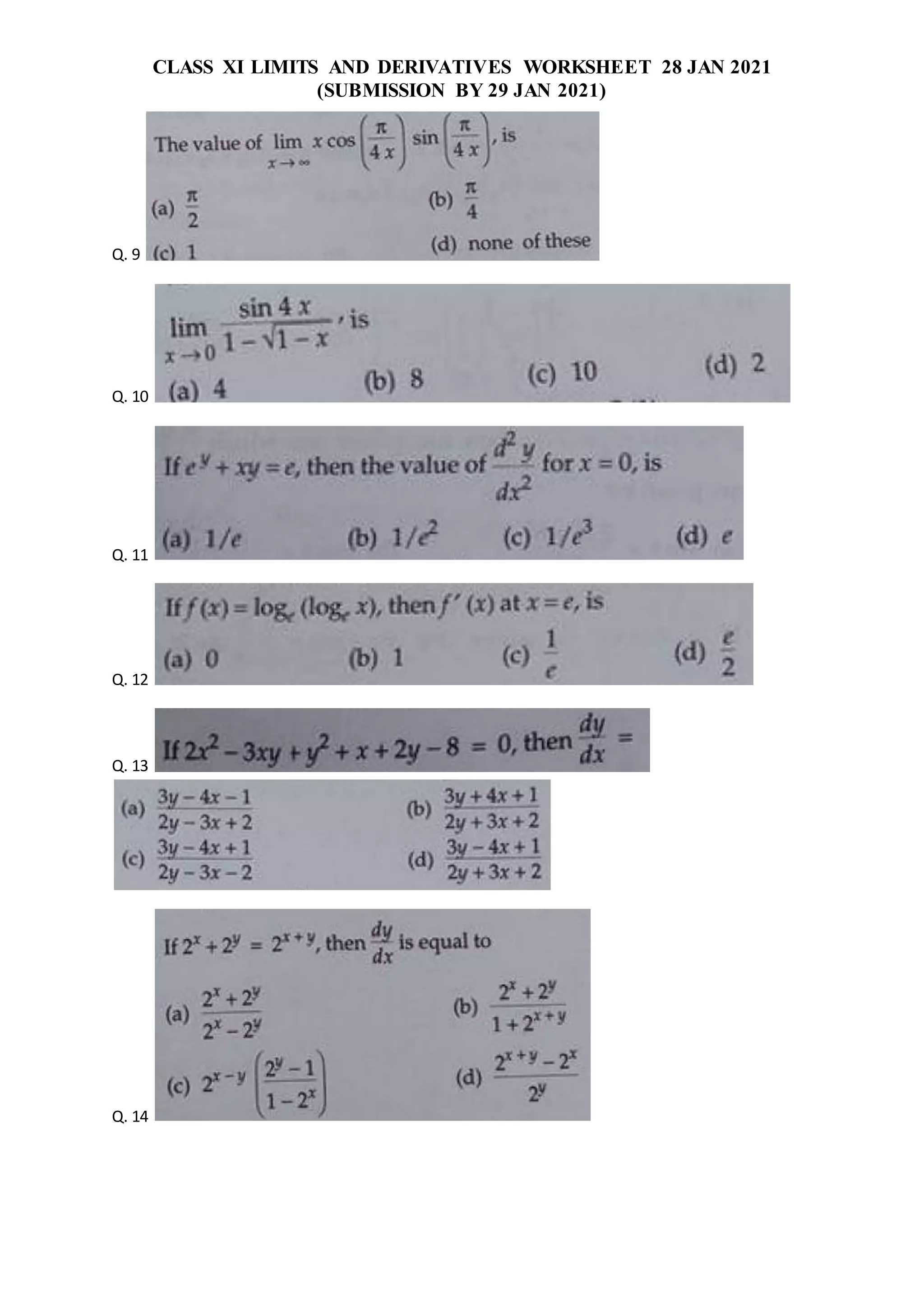 CLASS XI LIMITS AND DERIVATIVES WORKSHEET 2 | PDF