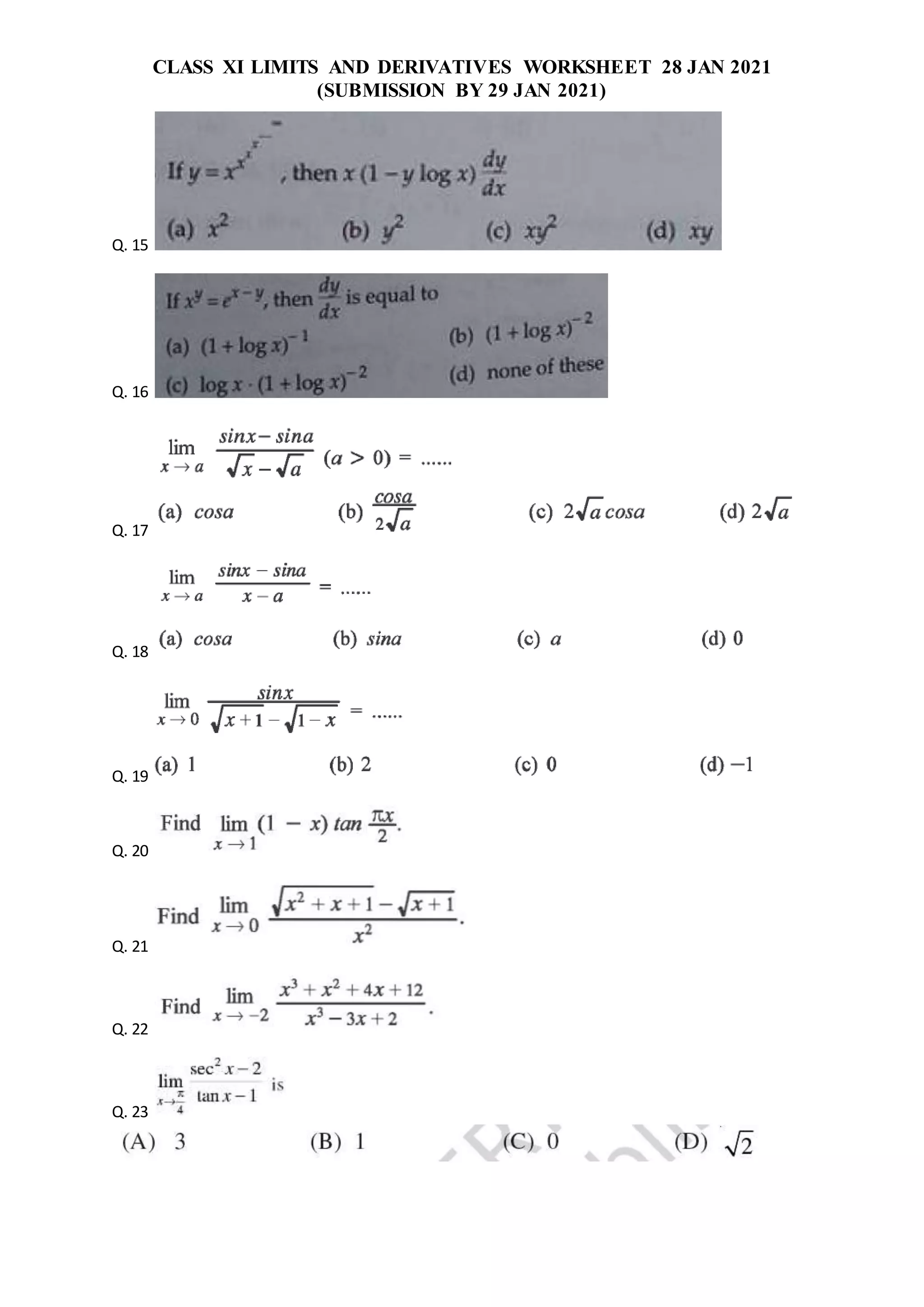 CLASS XI LIMITS AND DERIVATIVES WORKSHEET 2 | PDF