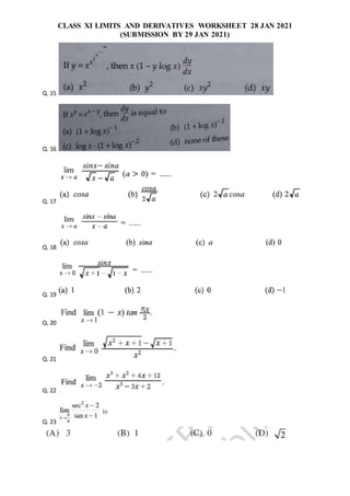 CLASS XI LIMITS AND DERIVATIVES WORKSHEET 2 | PDF