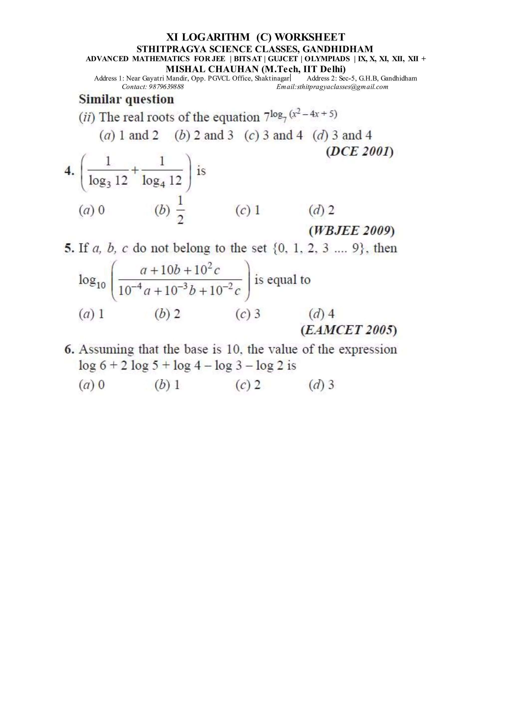 Class Xi Logarithm C Worksheet Pdf 